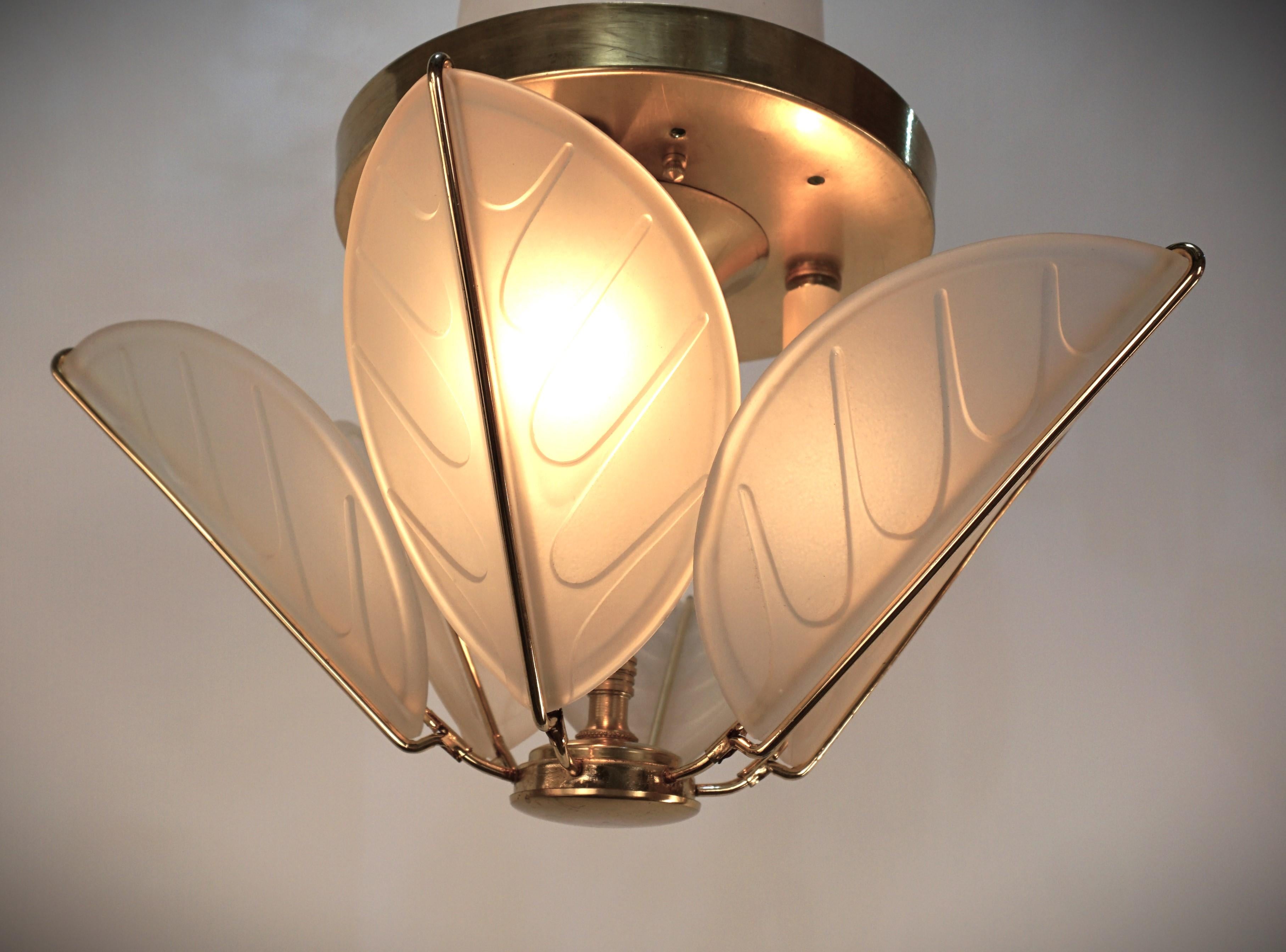 1970's Glass and Bronze Fush Mount Chandelier For Sale at 1stDibs