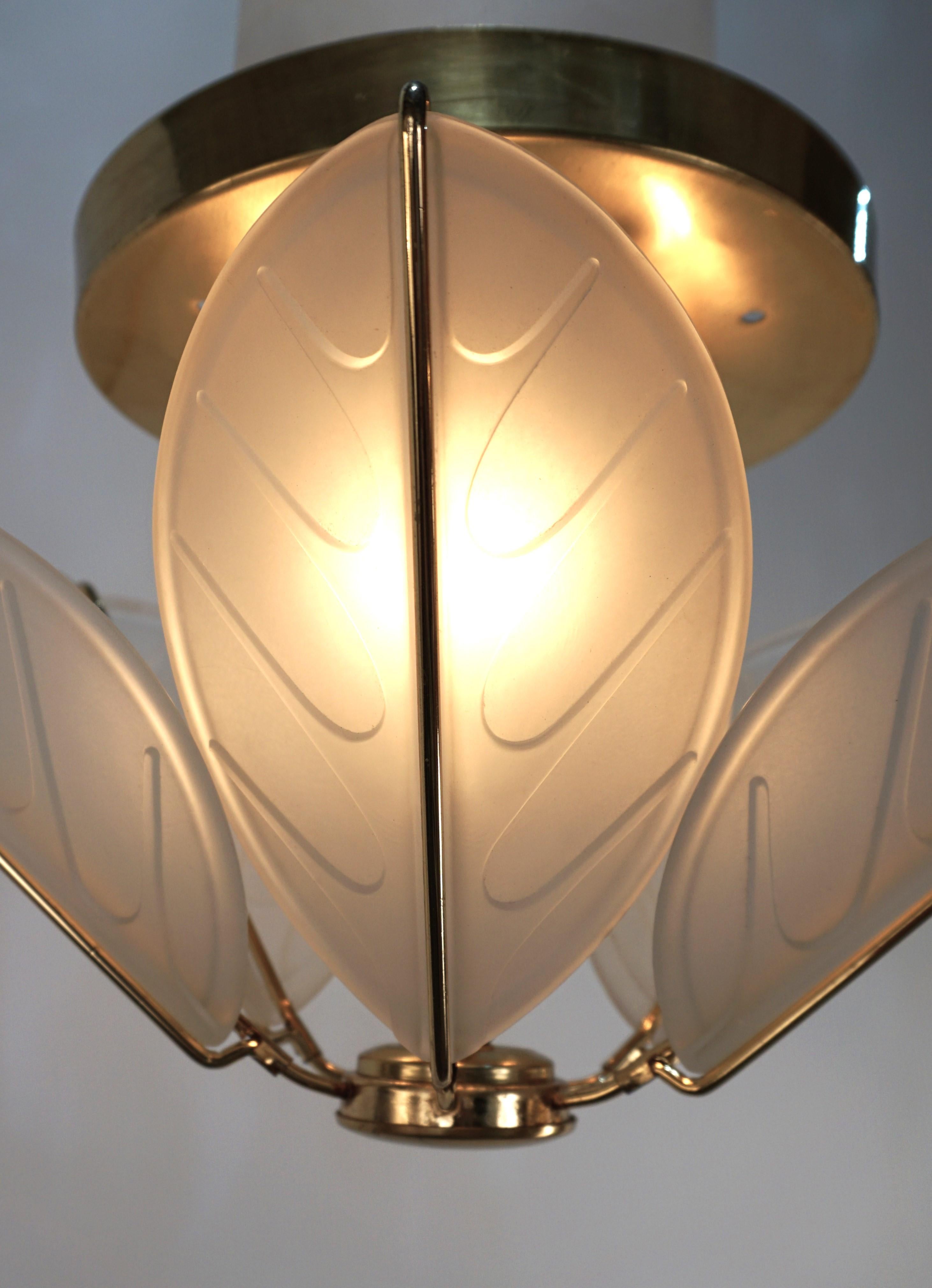 1970's Glass and Bronze Fush Mount Chandelier For Sale at 1stDibs