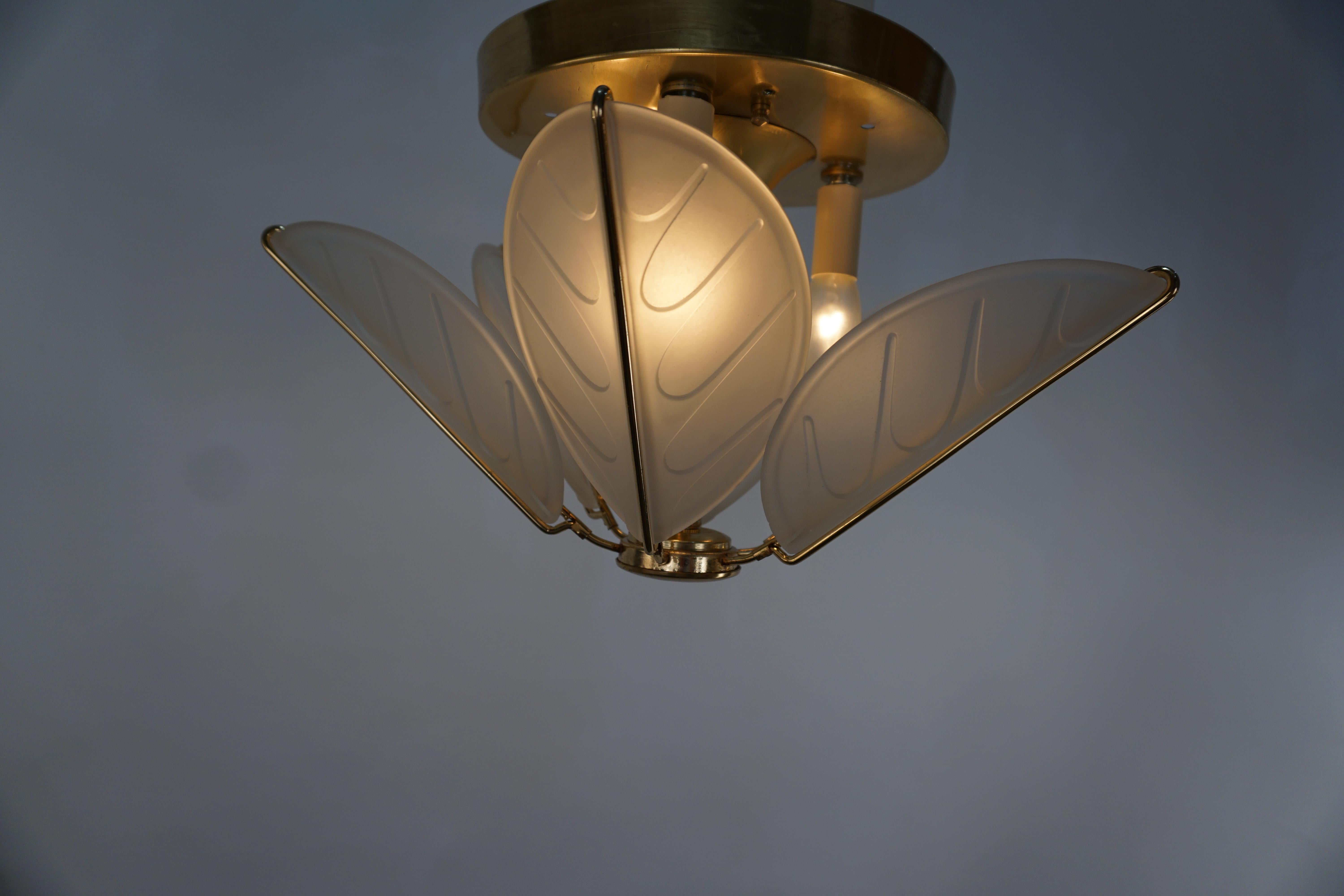1970's Glass and Bronze Fush Mount Chandelier For Sale at 1stDibs