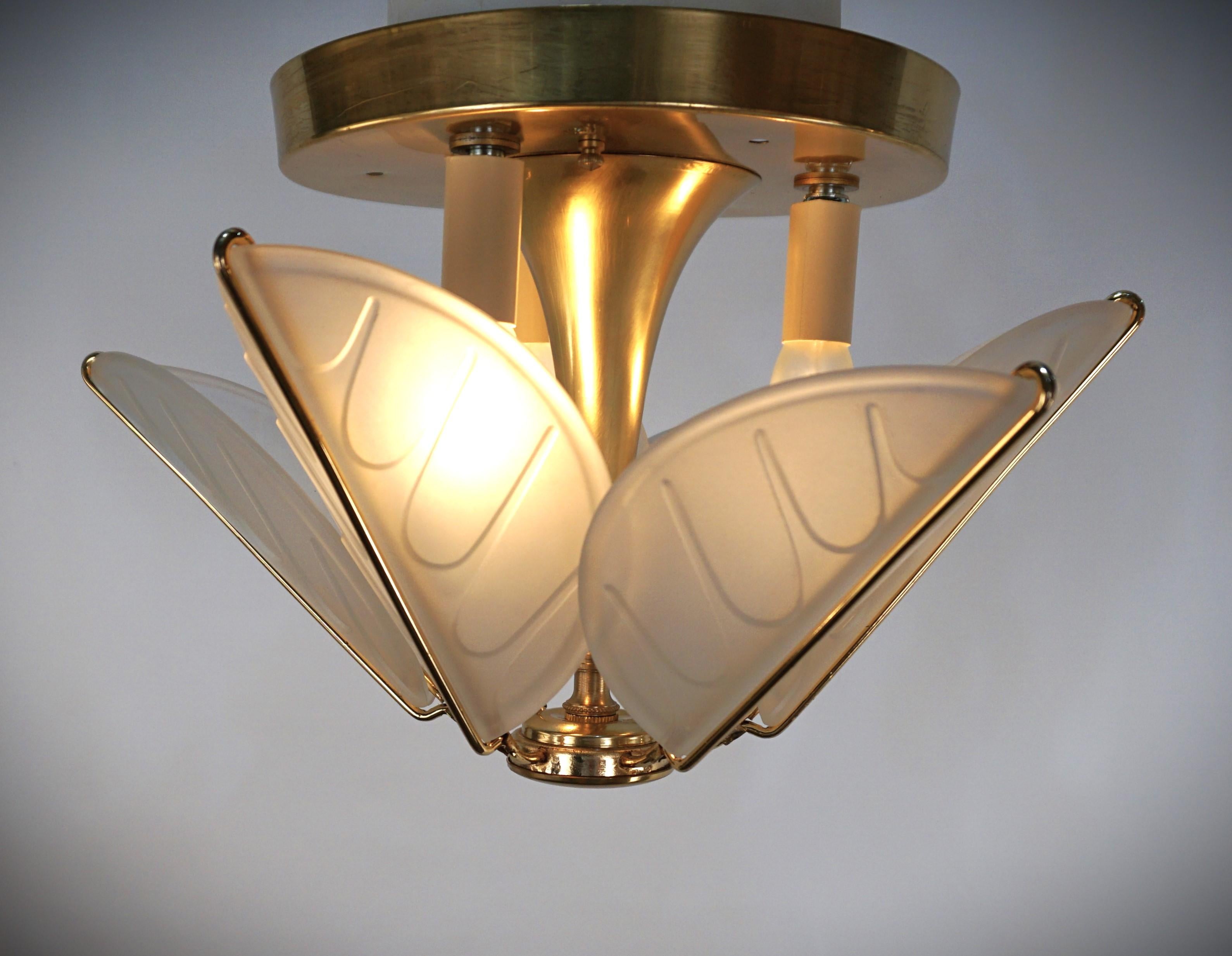 1970's Glass and Bronze Fush Mount Chandelier For Sale at 1stDibs