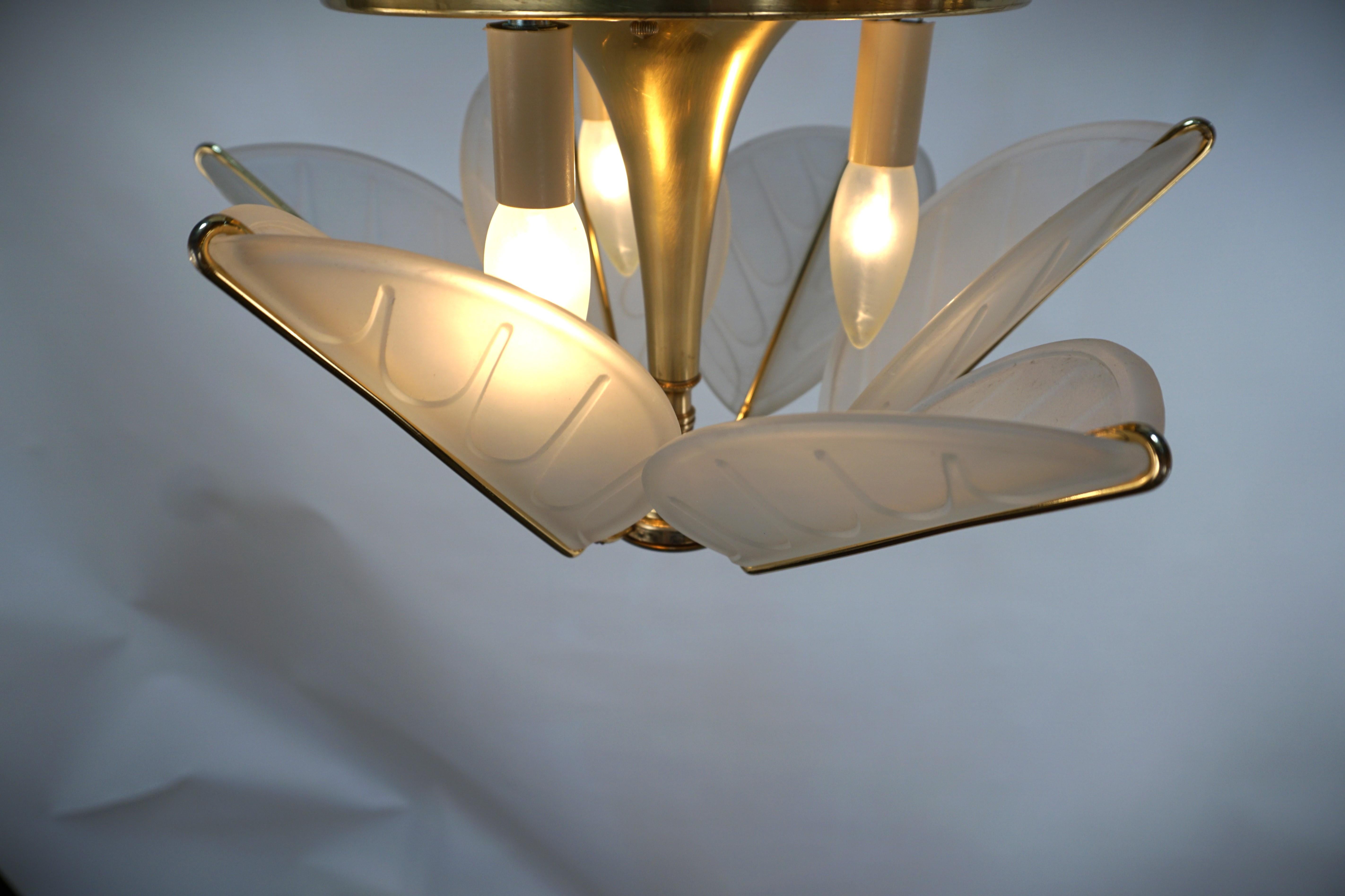 1970's Glass and Bronze Fush Mount Chandelier For Sale at 1stDibs