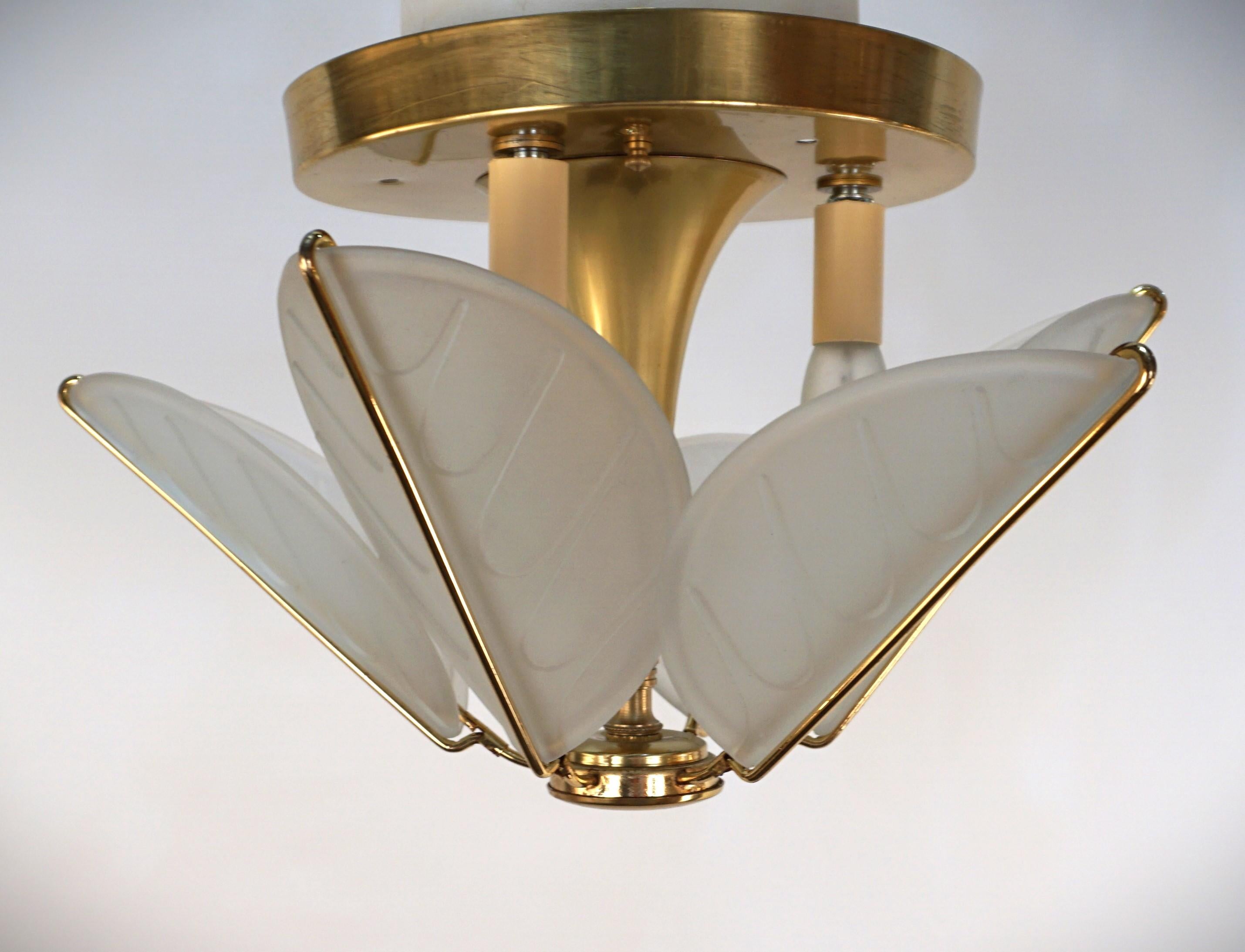 1970's Glass and Bronze Fush Mount Chandelier For Sale at 1stDibs