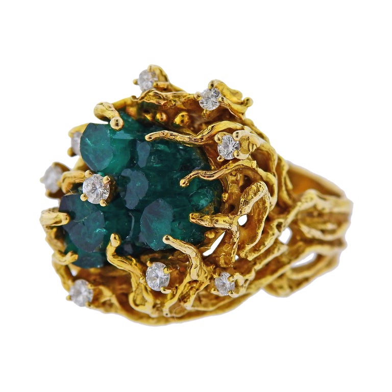 1970s Gold Chatham Emerald Diamond Freeform Ring at 1stDibs