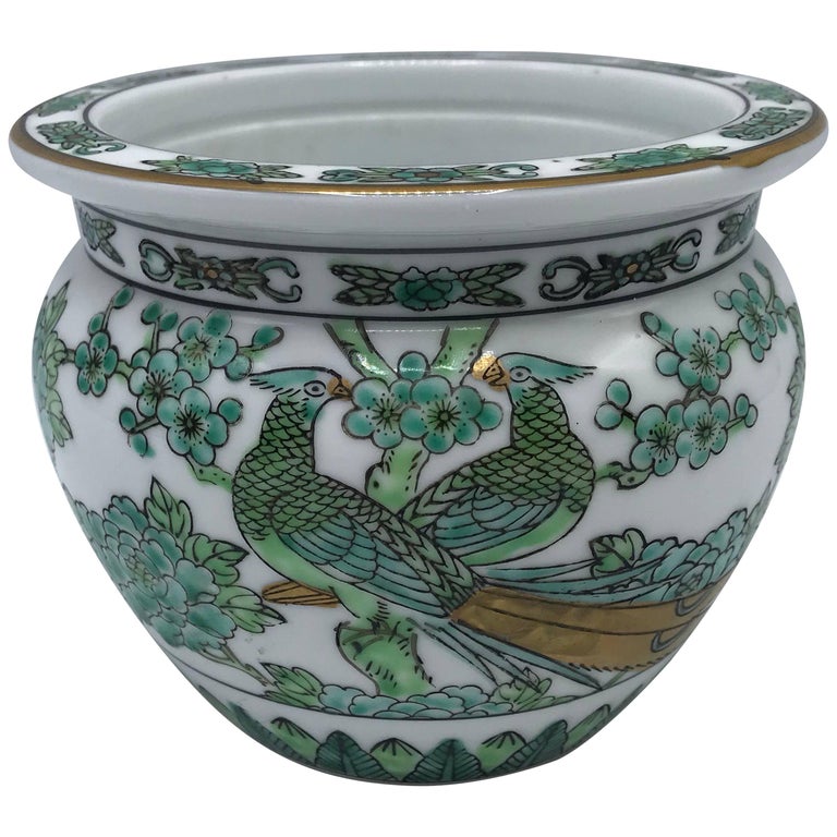 1970s Gold Imari Green and White Cachepot with Peacock Motif at 1stDibs