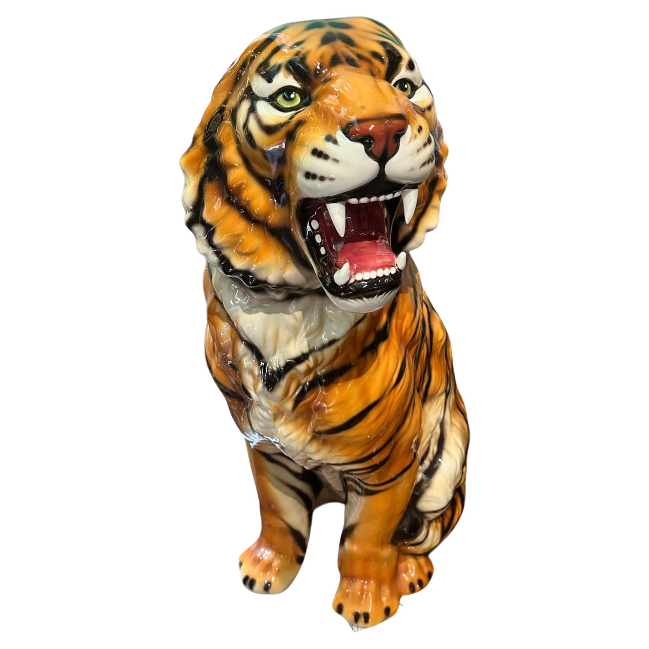 1970s Golden Orange Italian Hand painted Seated Tiger with open mouth ...