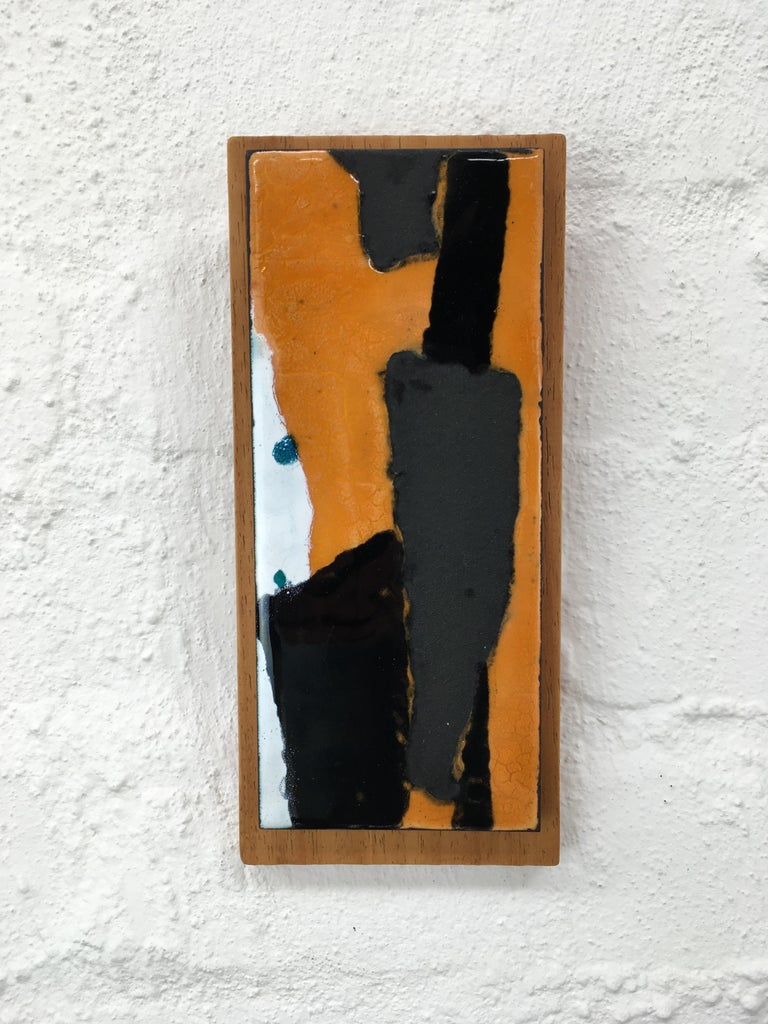 1970s Grey Gold and Black Enamel Abstract Wall Plaque Mounted on Elm ...