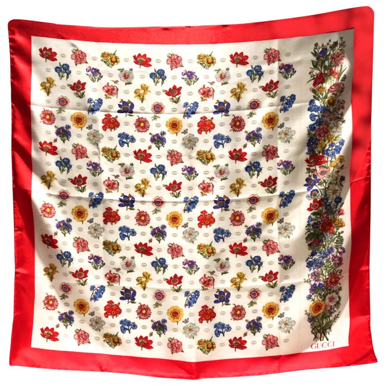 1980s Gucci Blooms Print Red Edge Silk Scarf at 1stDibs | gucci scarf ...