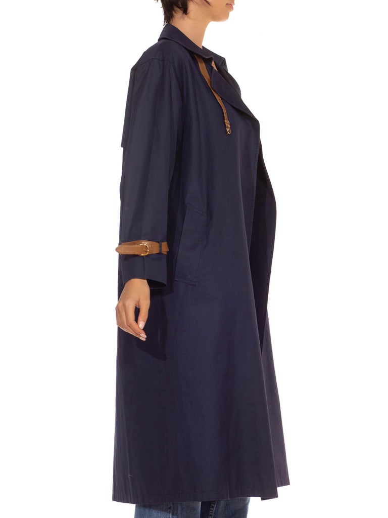 1970S Gucci Navy and Brown Polyester Leather Open Trench Coat With Belt ...
