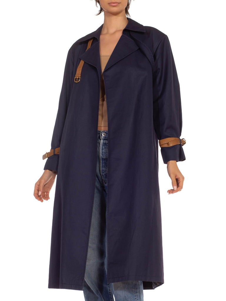 1970S Gucci Navy and Brown Polyester Leather Open Trench Coat With Belt ...