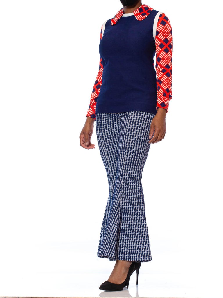 1970S Red, White and Blue Polyester Double Knit Tunic Wild Plaid Bell ...
