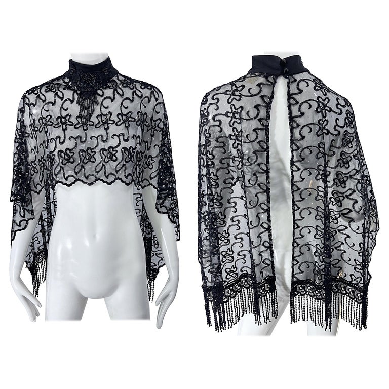 1970s Halston Beaded Glitter Black Sheer Dot Fringed Vintage 70s Poncho ...