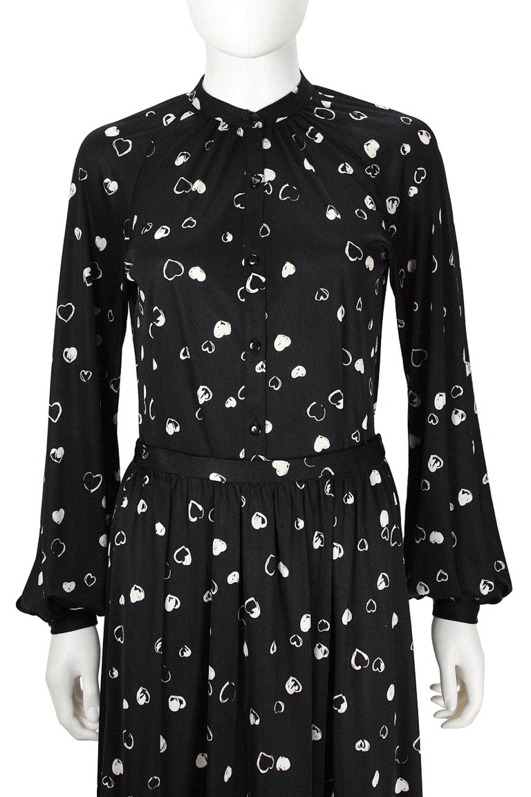 1970s Halston Black and White Heart Print Button-Down Shirt and Skirt ...