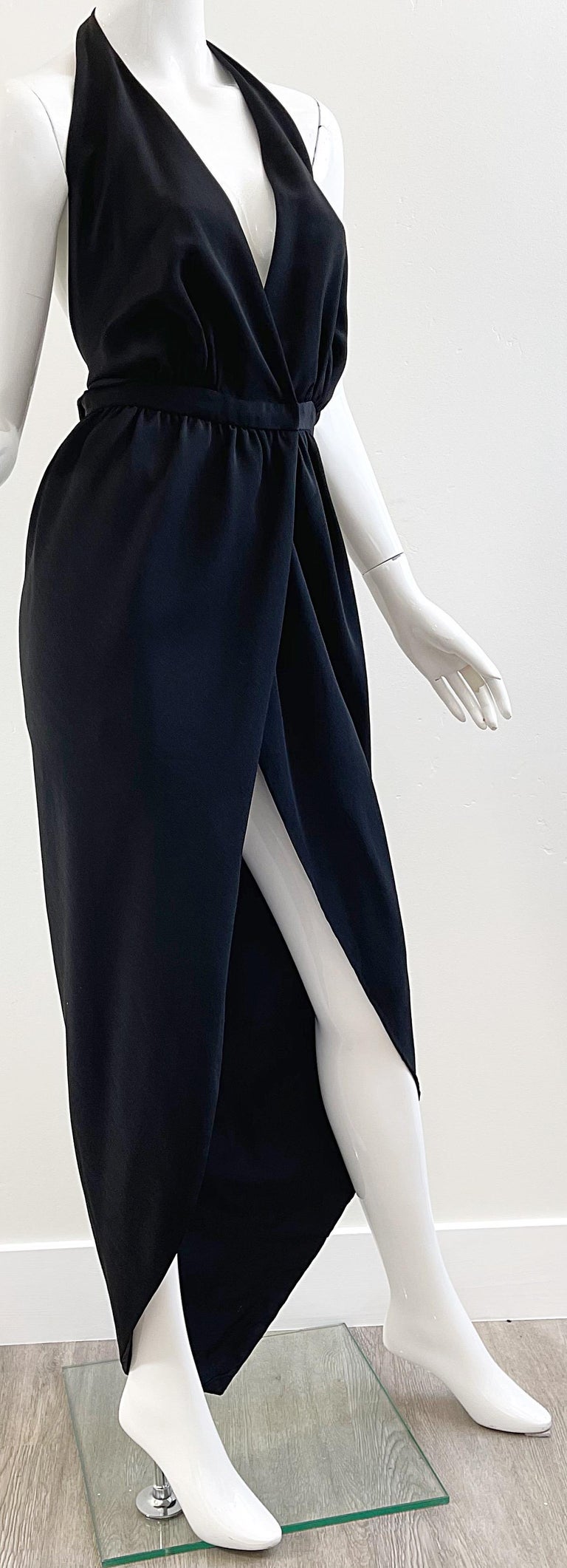 1970s HALSTON Black Silk Tulip Hem Hi-Lo Wrap Halter Vintage 70s Maxi ...