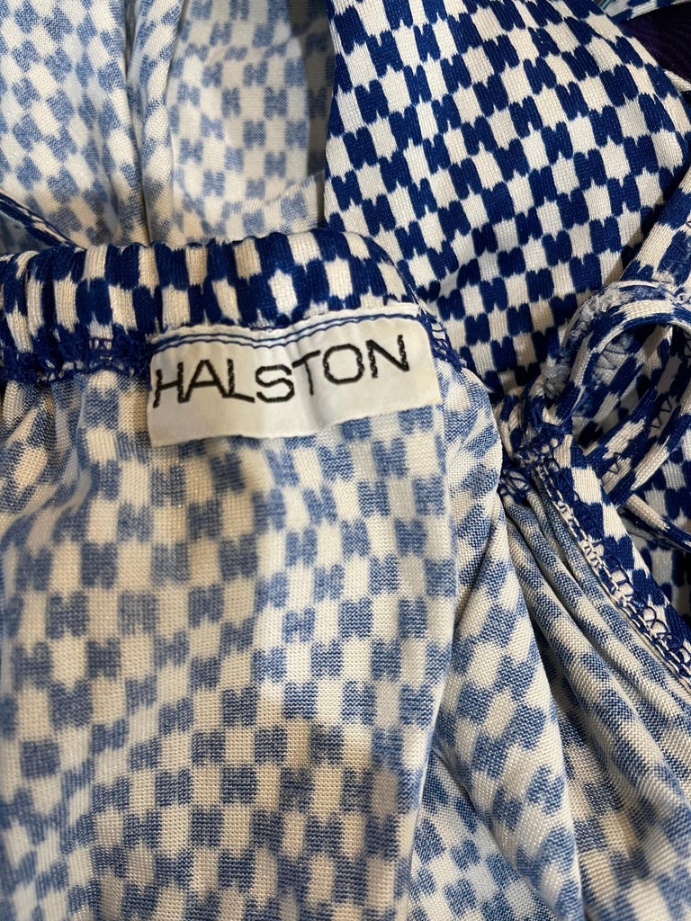 1970s Halston Logo Print Blue White Vintage 70s Wrap One Piece Swimsuit ...