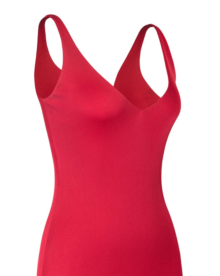 1970's Halston Red V-Neck Jersey Gown For Sale at 1stDibs