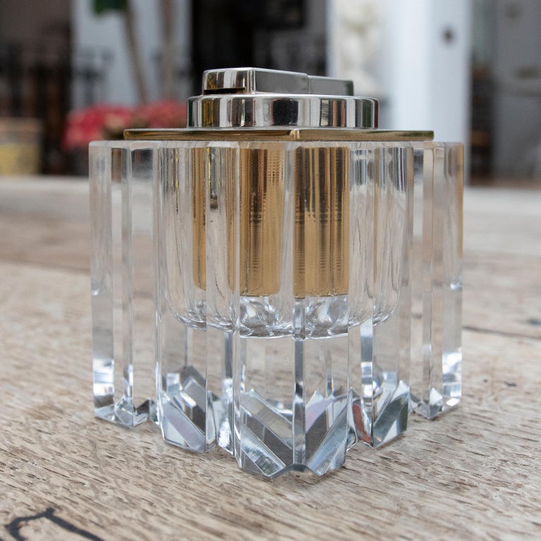 1970s Hand-Cut Crystal Lighter with Gilded Metal For Sale at 1stDibs