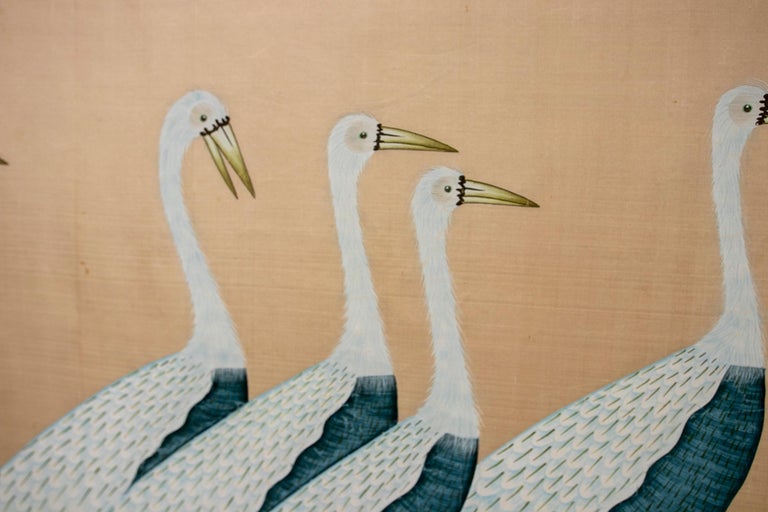 1970s Hand-Painted Bird Painting on Silk with Brass Plated Frame For ...
