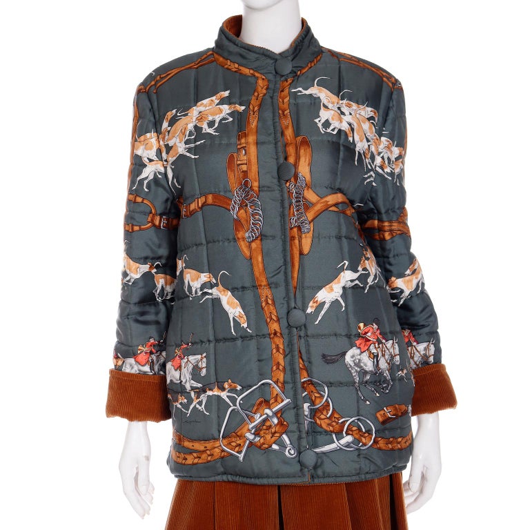 1970s Hermes Reversible Le Bien Aller Fox Hunt Scarf Print Jacket and ...