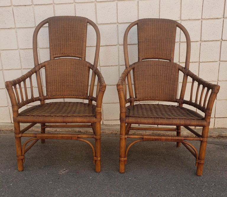 1970s High Hoop Back Rattan and Leather Straps Arm Chairs, a Pair For ...