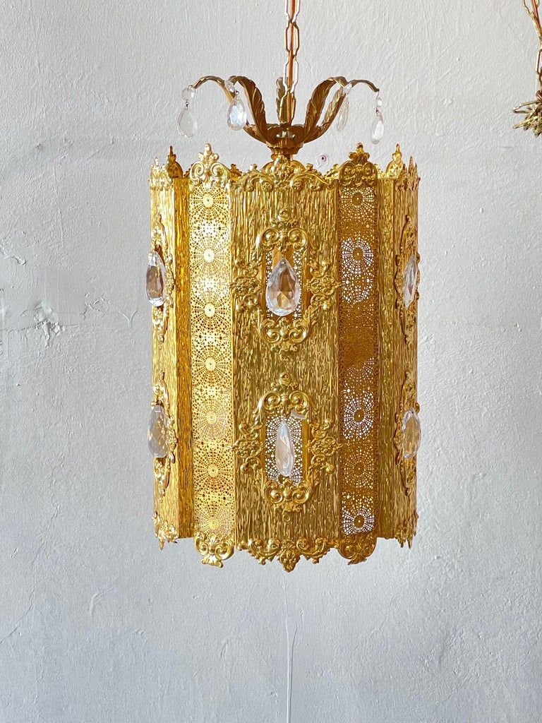 1970's Hollywood Regency Gold Swag Pendant Lamp Gilt Hanging Light MCM ...