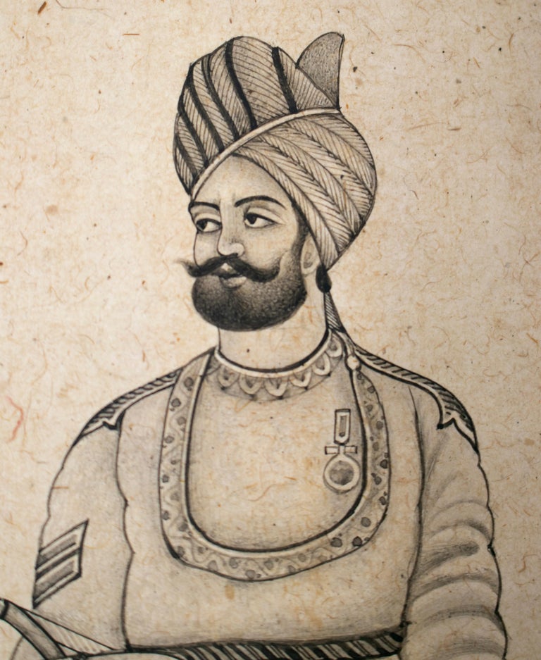 1970s Indian Paper Drawing of a Hindu Man with a Spear For Sale at 1stDibs