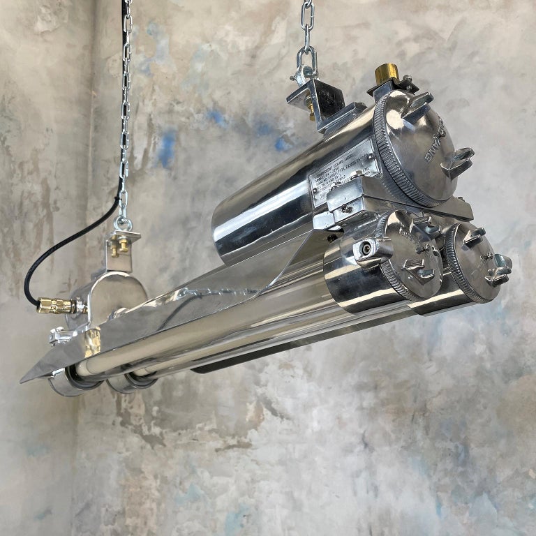 1970s Industrial Cast Aluminium, Glass and Brass Flameproof Strip Light ...