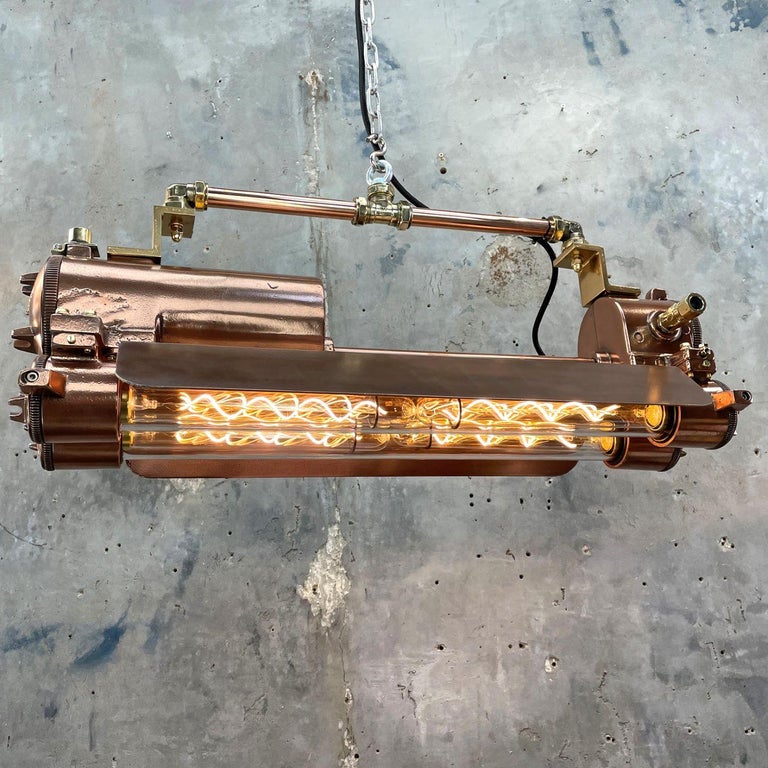 1970s Industrial Copper and Brass Flameproof LED Tube Ceiling Strip ...