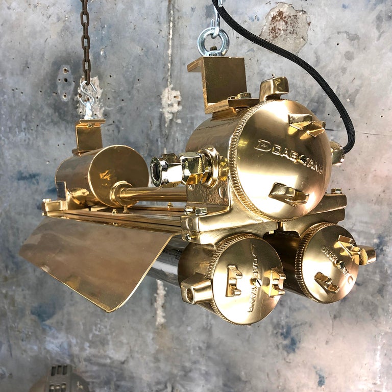1970s Industrial Gold, Polished Brass Flameproof Strip Light with Glass ...