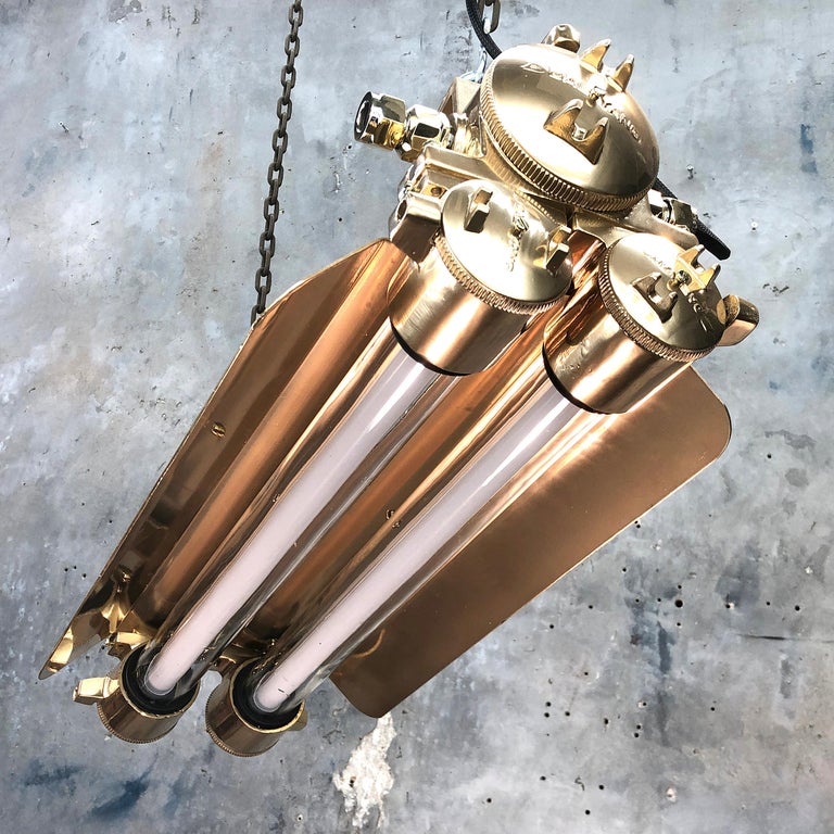 1970s Industrial Gold, Polished Brass Flameproof Strip Light with Glass ...