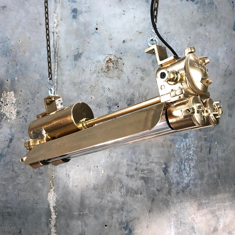 1970s Industrial Gold, Polished Brass Flameproof Strip Light with Glass ...