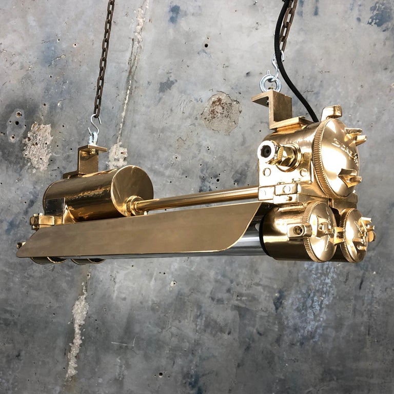 1970s Industrial Gold, Polished Brass Flameproof Strip Light with Glass ...