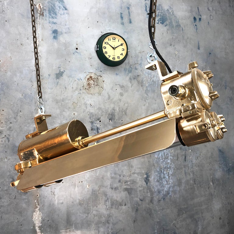 1970s Industrial Gold, Polished Brass Flameproof Strip Light with Glass ...