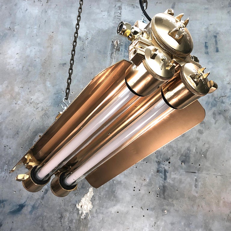 1970s Industrial Gold, Polished Brass Flameproof Strip Light with Glass ...