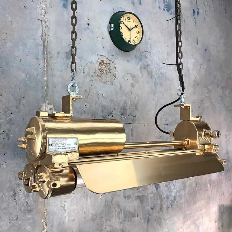 1970s Industrial Gold, Polished Brass Flameproof Strip Light with Glass ...