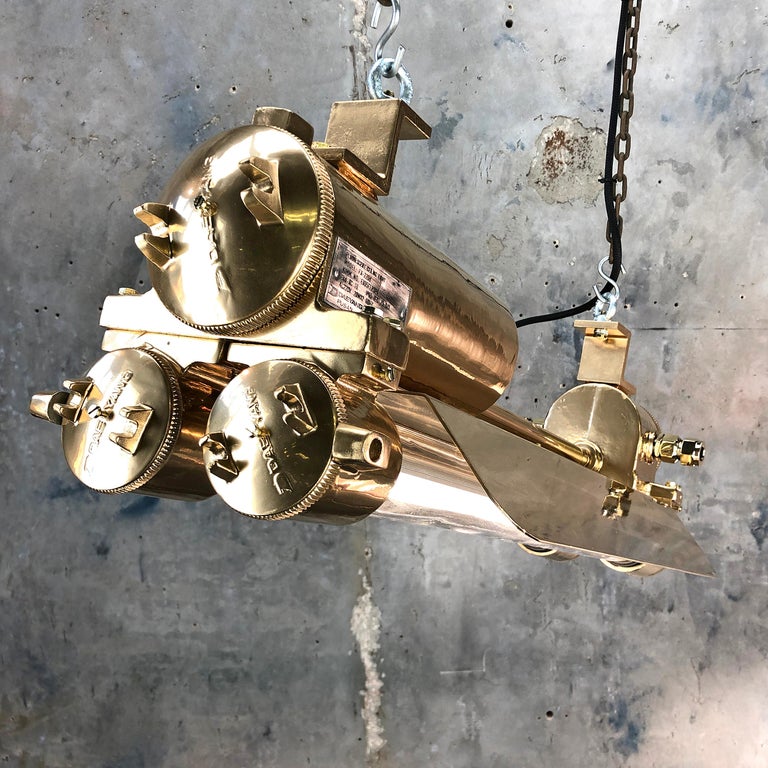 1970s Industrial Gold, Polished Brass Flameproof Strip Light with Glass ...