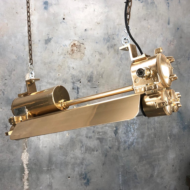 1970s Industrial Gold, Polished Brass Flameproof Strip Light with Glass ...
