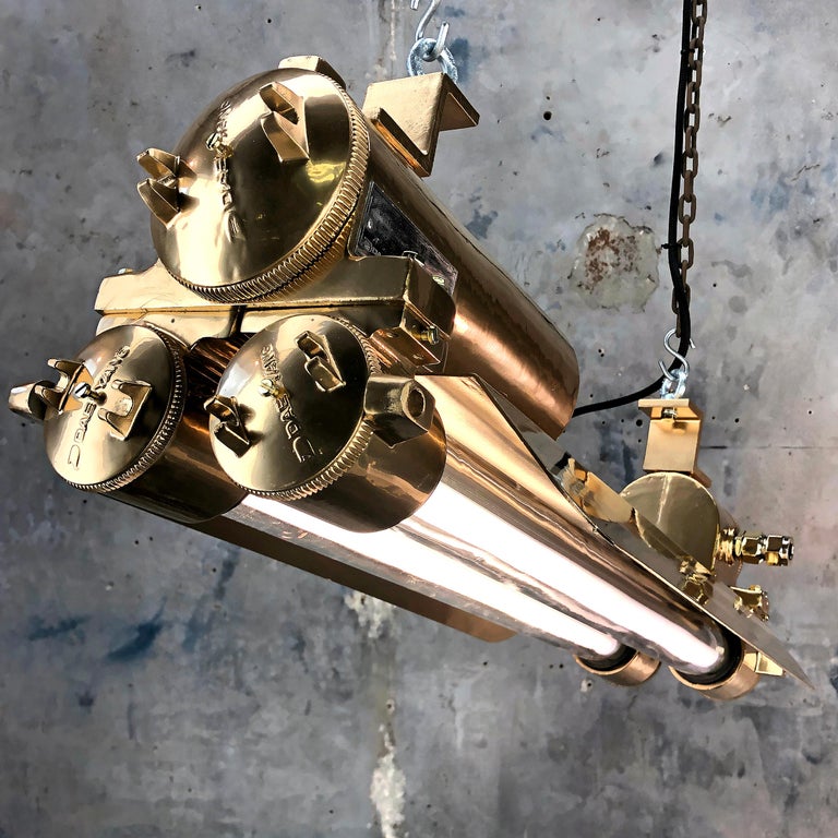 1970s Industrial Gold, Polished Brass Flameproof Strip Light with Glass ...