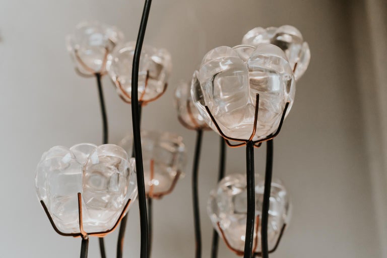 1970s Iron Lamp with Glass Flowers For Sale at 1stDibs