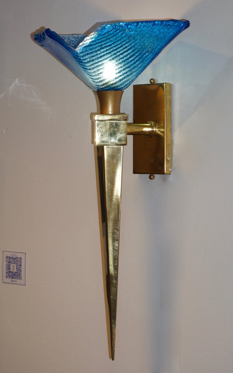 1970s Italian Art Deco Design Brass Pair of Cobalt Blue Murano Glass ...