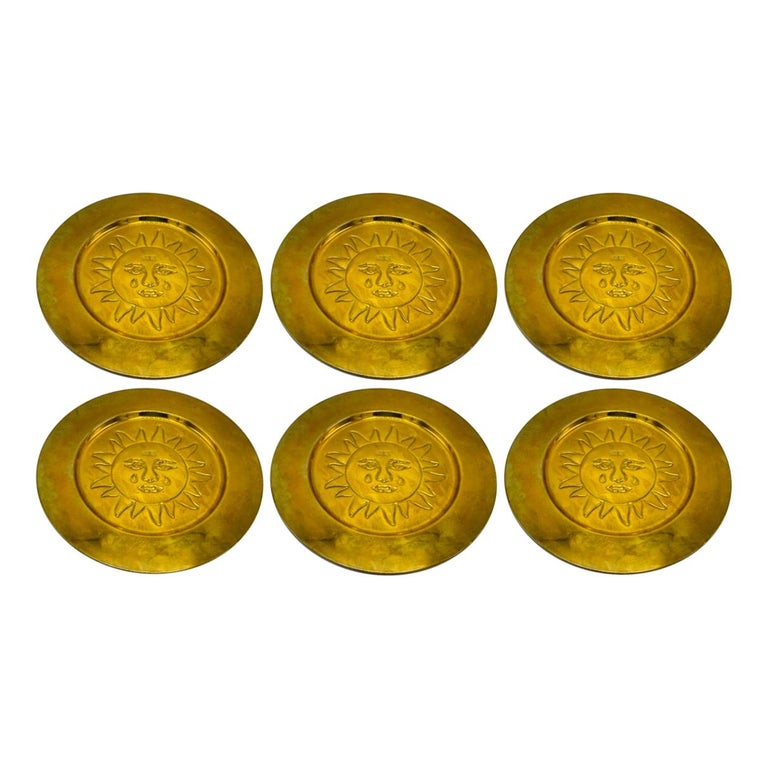 1970s Italian Brass Sun Charger Plates, Set of 6 For Sale at 1stDibs
