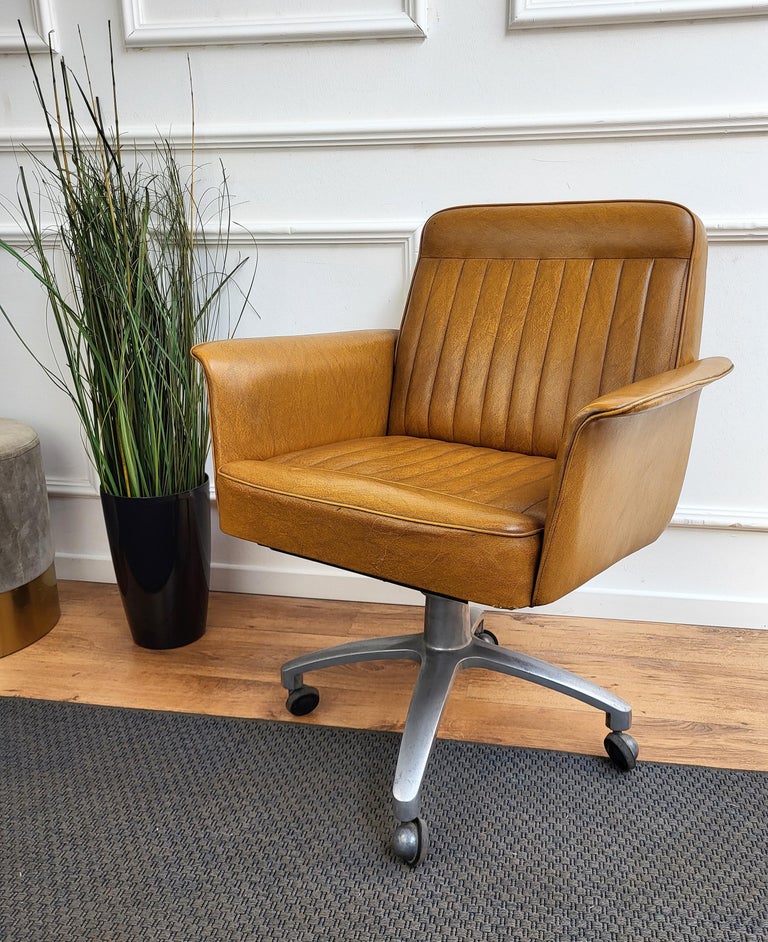 1970s, Italian Brown Leather and Metal Open Arm Turning Office Desk ...