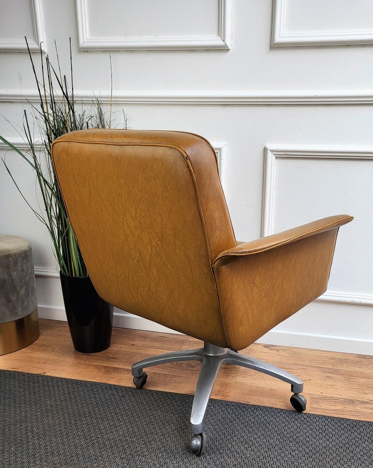 1970s, Italian Brown Leather and Metal Open Arm Turning Office Desk ...