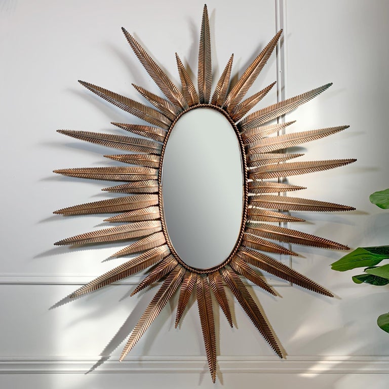 1970's Italian Copper Feathered Sunburst Mirror For Sale at 1stDibs
