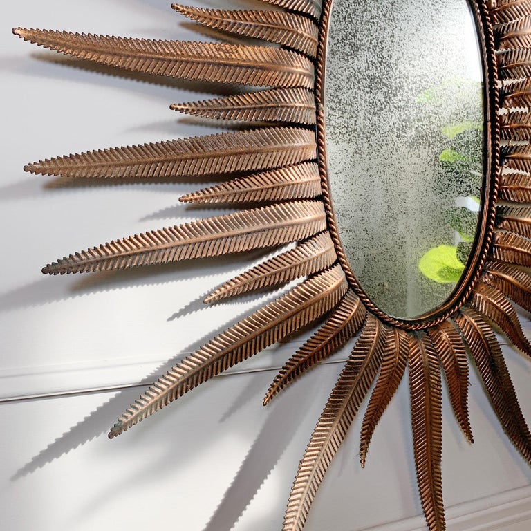 1970's Italian Copper Feathered Sunburst Mirror For Sale at 1stDibs