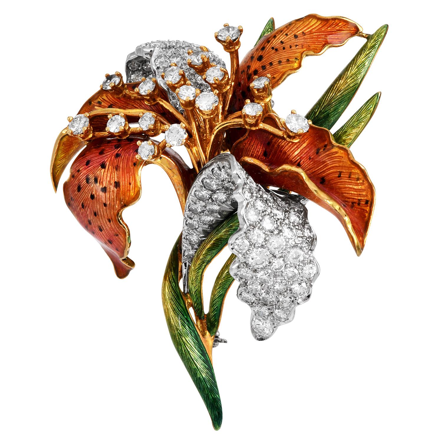 1970s Italian Enamel 6.25cts Diamond 18K Gold Lily Brooch For Sale at ...