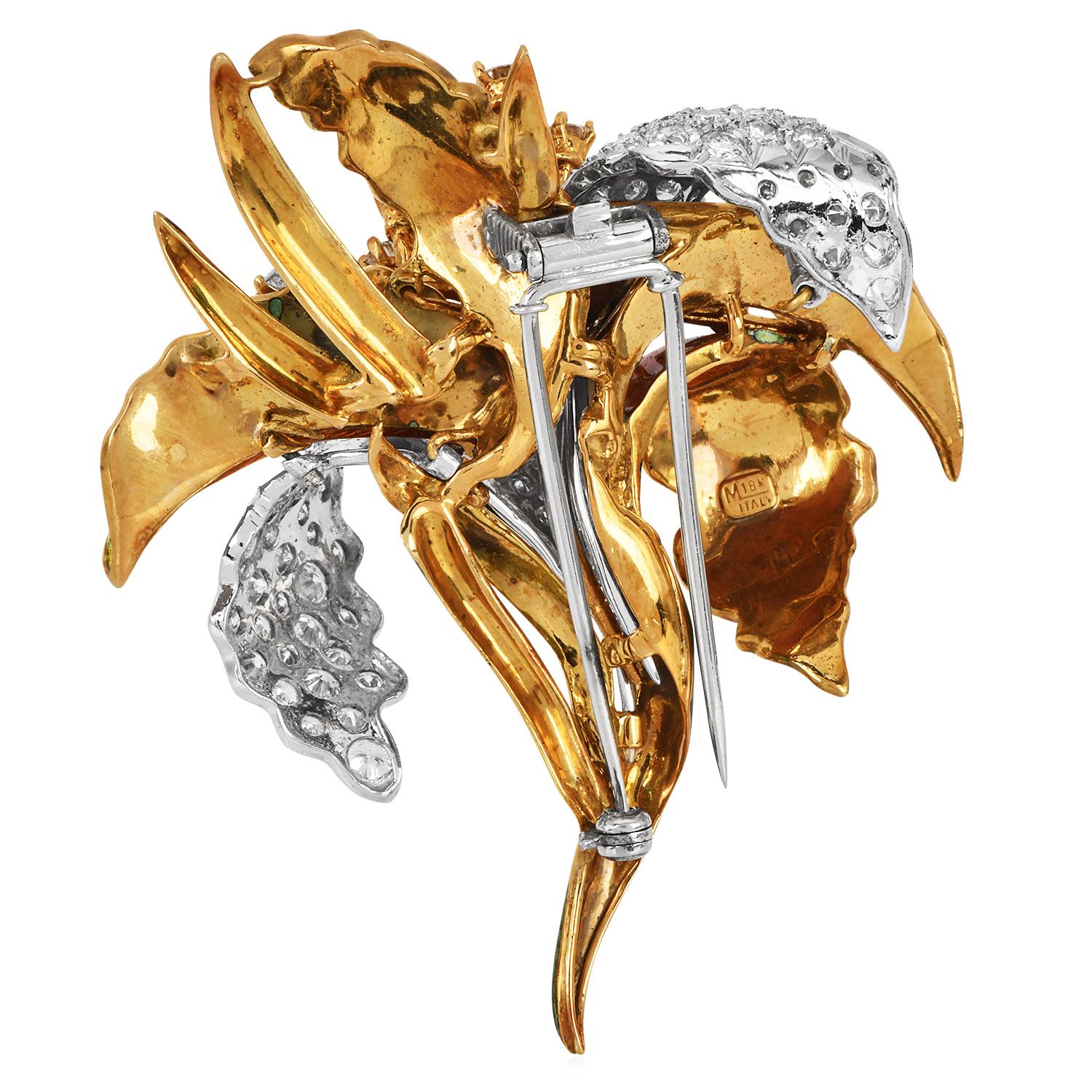 1970s Italian Enamel 6.25cts Diamond 18K Gold Lily Brooch For Sale at ...