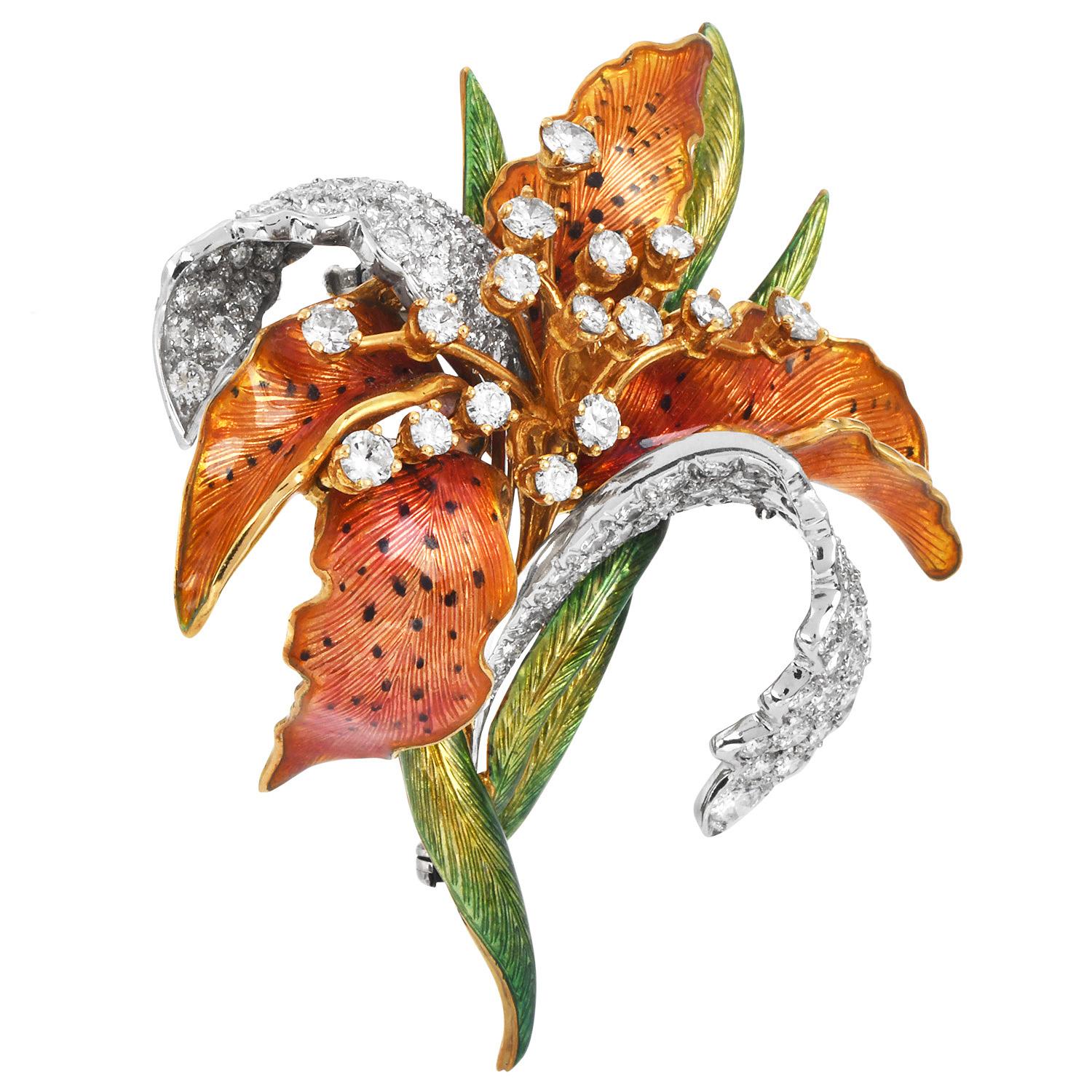 1970s Italian Enamel 6.25cts Diamond 18K Gold Lily Brooch For Sale at ...