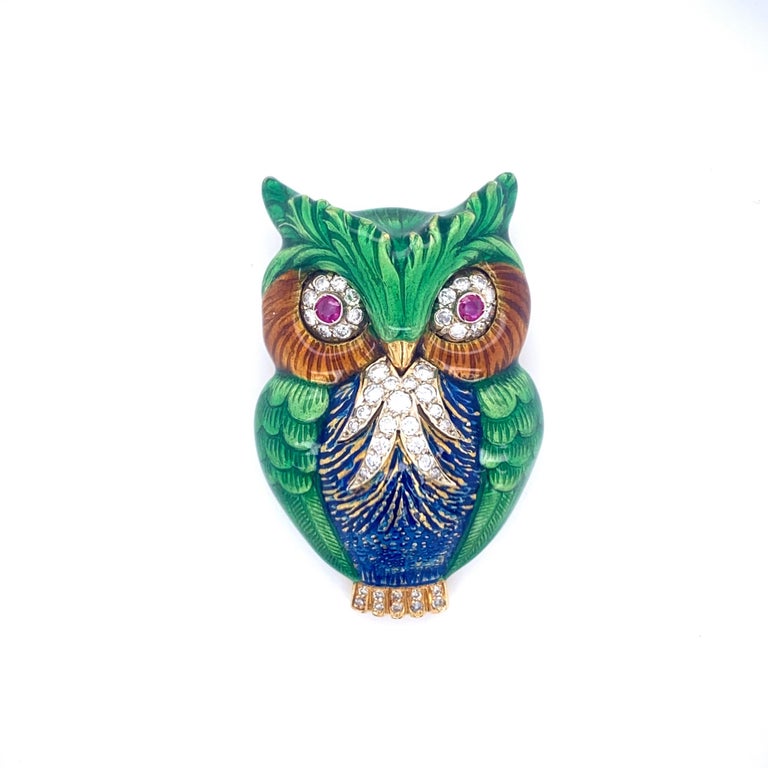 1970s Italian Enamel Diamond Ruby Gold Owl Pendant For Sale at 1stDibs