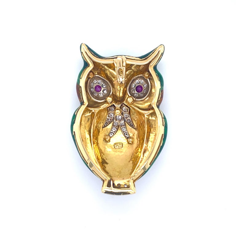 1970s Italian Enamel Diamond Ruby Gold Owl Pendant For Sale at 1stDibs
