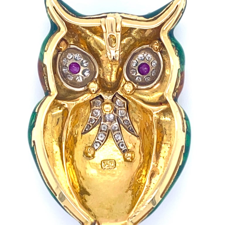 1970s Italian Enamel Diamond Ruby Gold Owl Pendant For Sale at 1stDibs